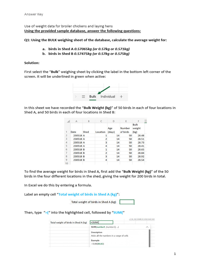 Learning Activity Answer Key - Use of Weight Data For Broiler Chickens ...