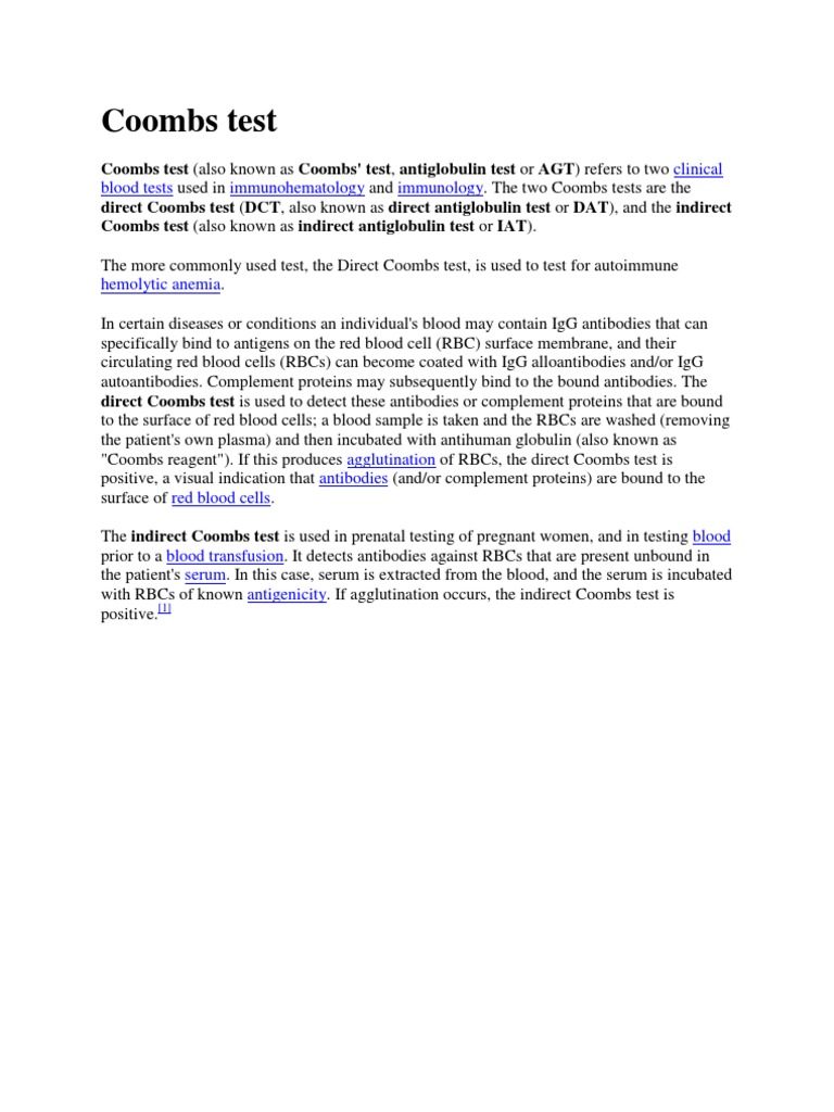 Coombs Test: Direct and Indirect Overview | PDF