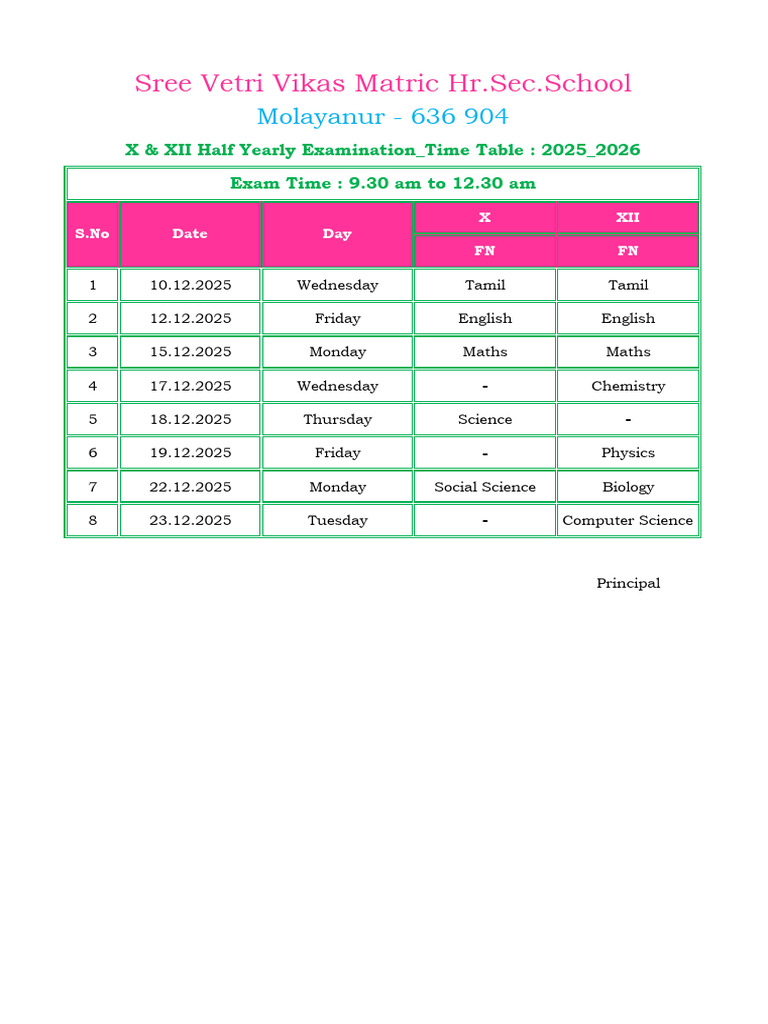 2025-2026 Half Yearly Exam Timetable | PDF