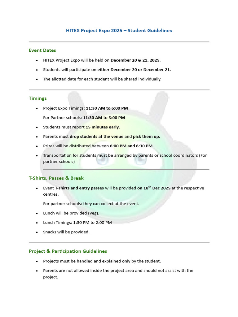 HITEX Project Expo 2025 Student Guide | PDF