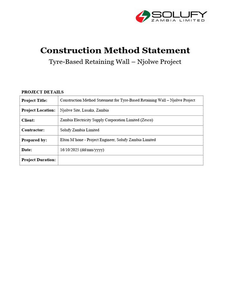 Njolwe Tyre Retaining Wall Method Statement | PDF | Civil Engineering