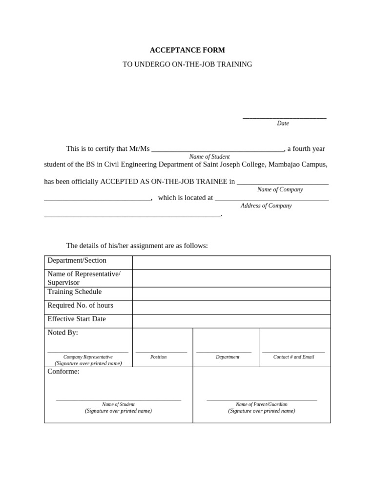 On-the-Job Training Acceptance Form | PDF