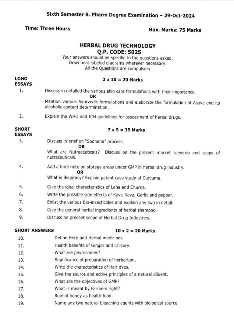 Herbal Drug Technology Past Paper | PDF