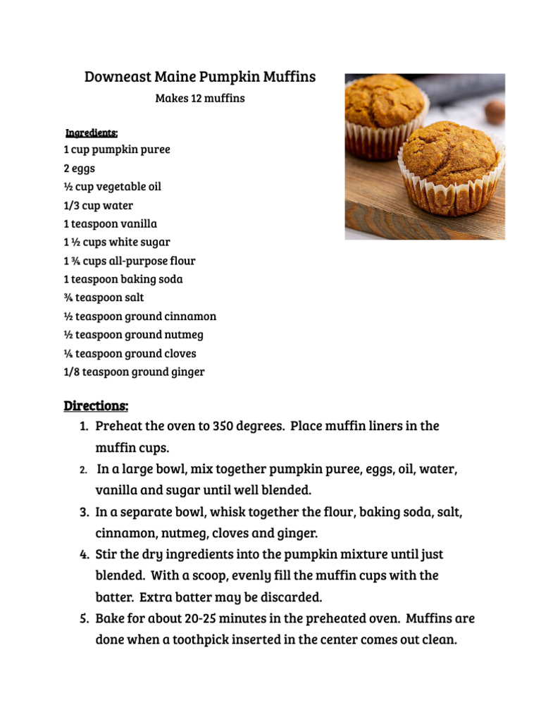 Downeast Maine Pumpkin Muffins Half Recipe | PDF