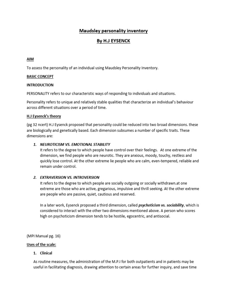Maudsley Personality Inventory Overview | PDF | Behavioural Sciences ...