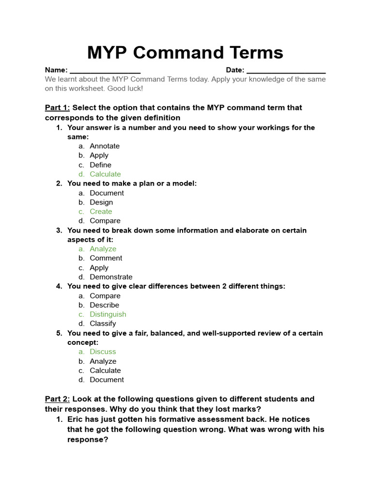 MYP Command Terms Worksheet | PDF