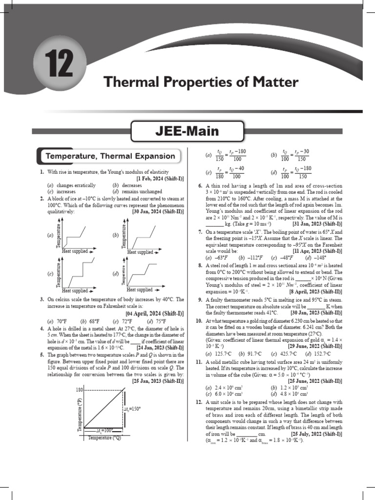 PYQs (JEE Main & Advance) Thermal Properties of Matter | PDF | Thermal ...