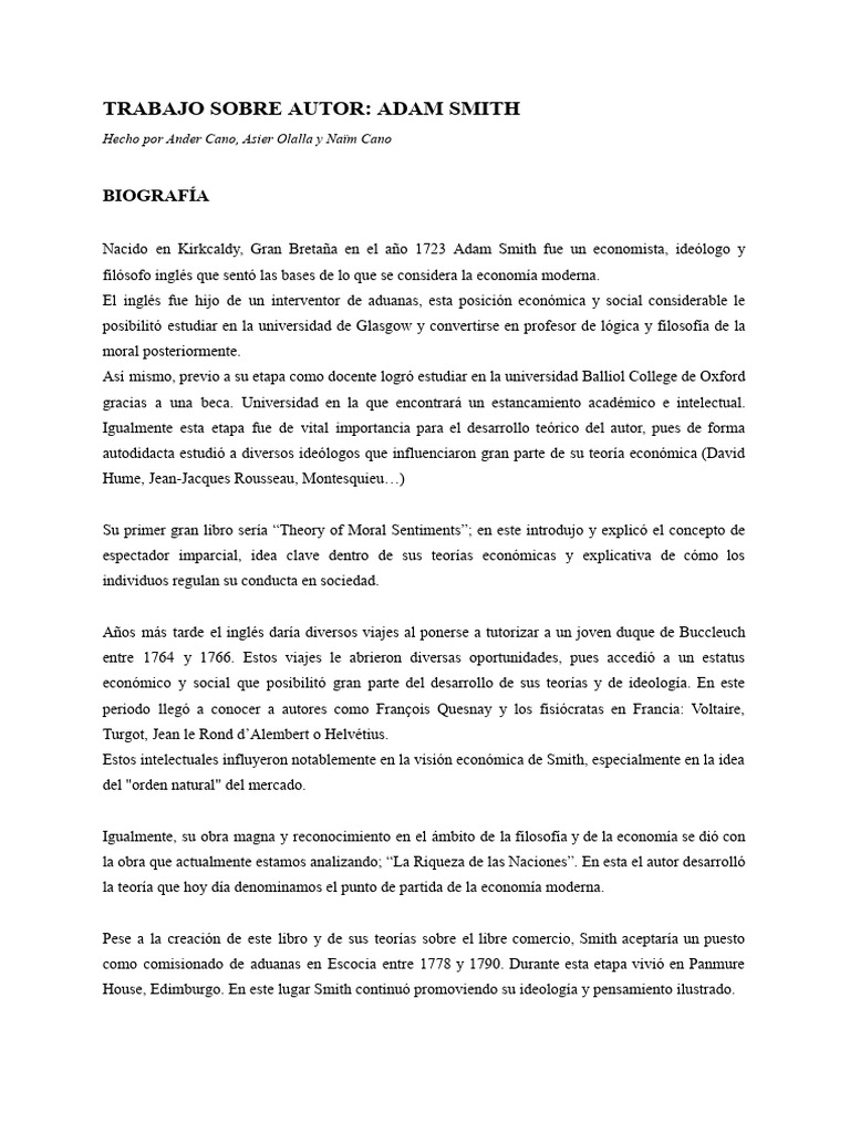 Trabajo Adam Smith - Ander, Naïm y Asier | PDF | Adam Smith | Riqueza