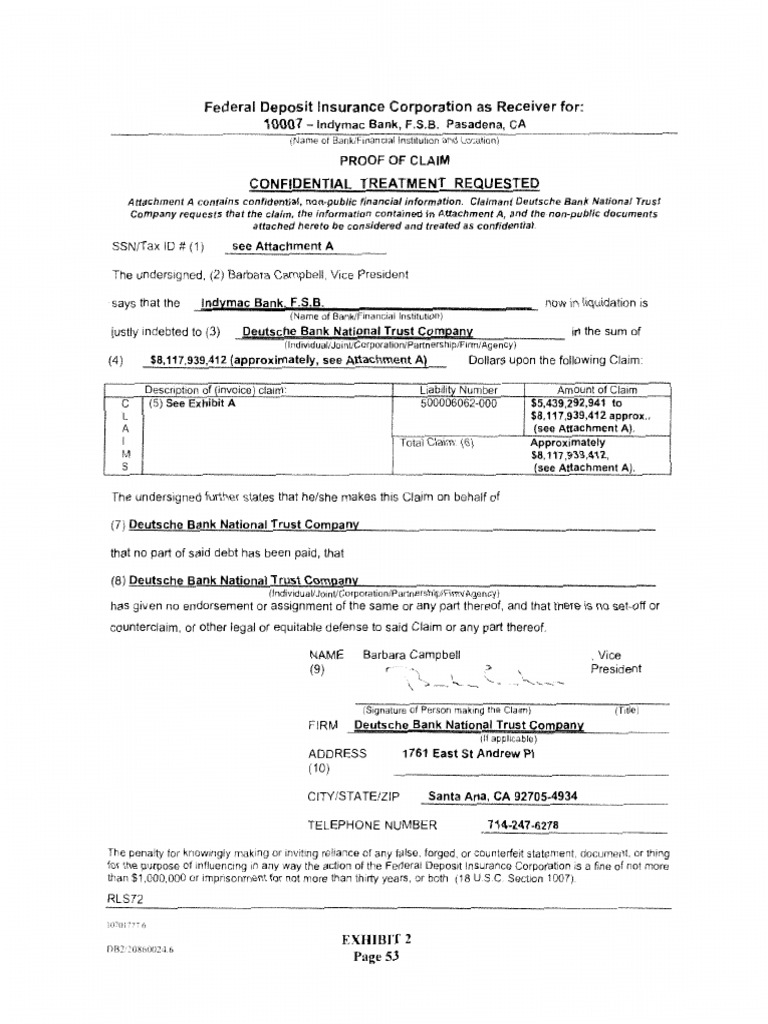 Indymac Bank Claim by Deutsche Bank | PDF | Corporations | Bank Regulation