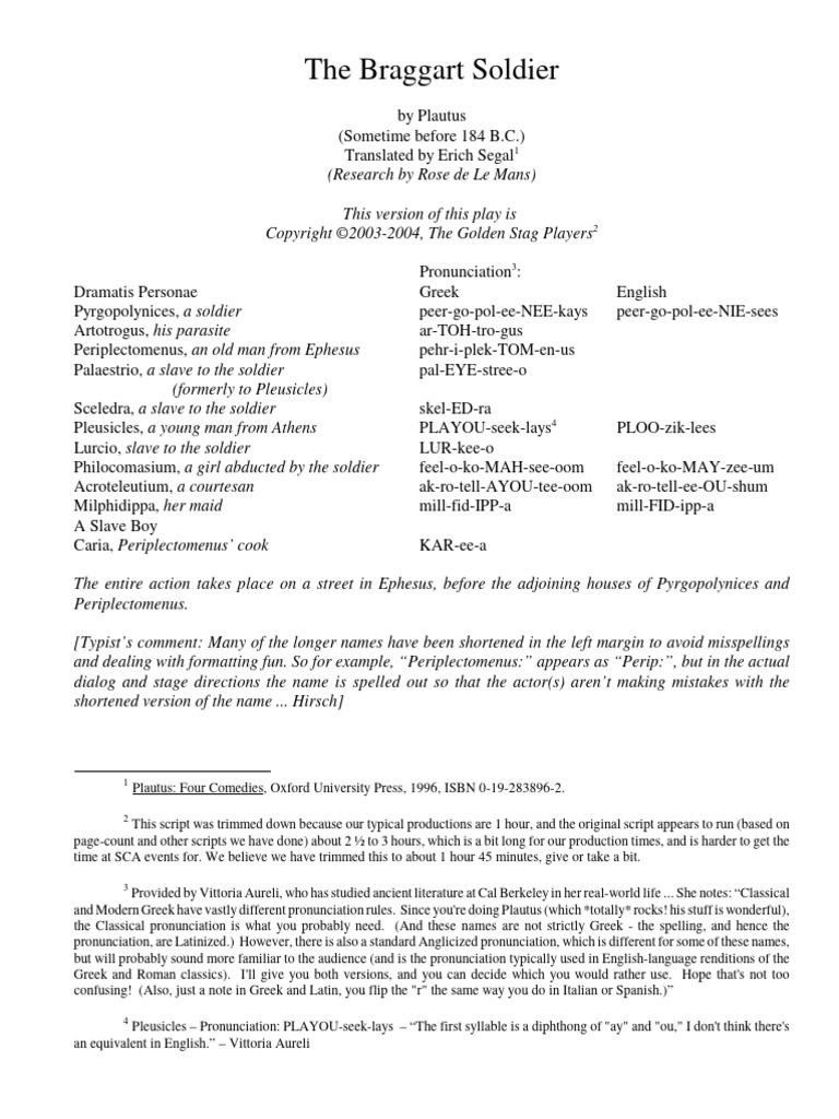 Plautus' The Braggart Soldier Script | PDF