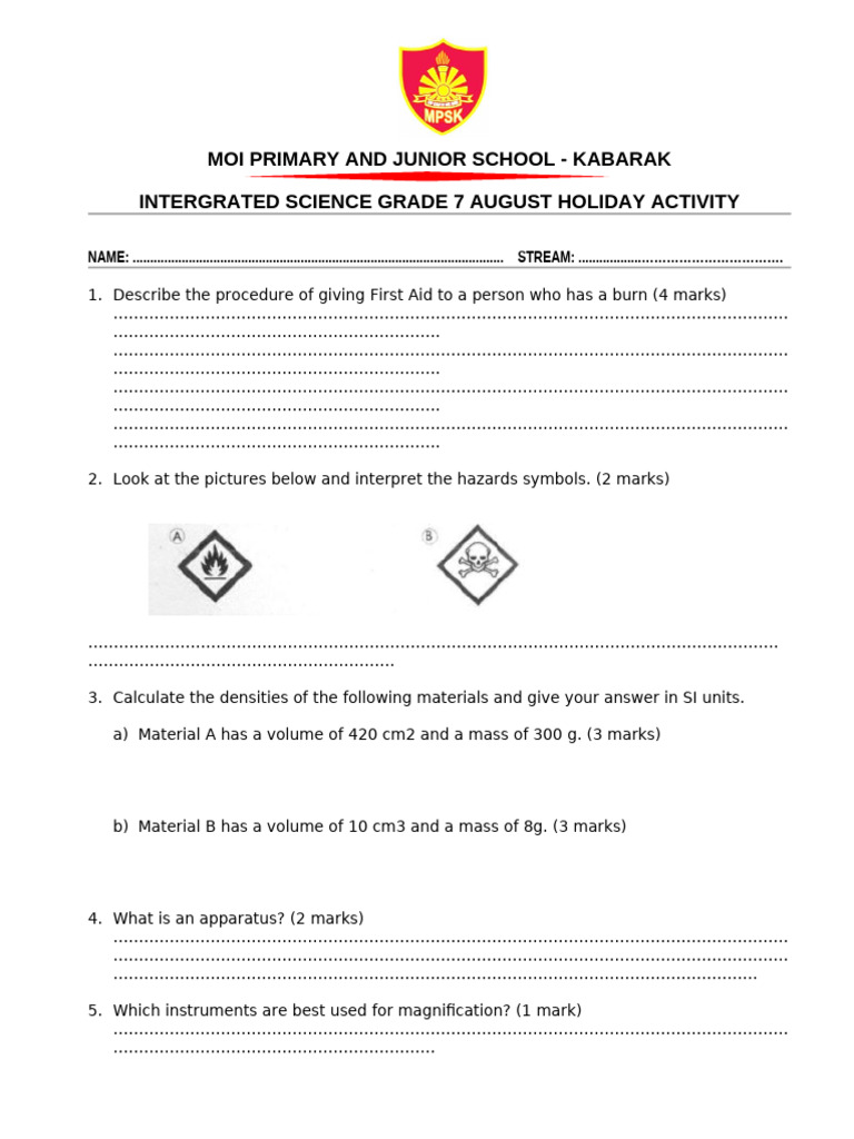 Grade 7 Intergrated Science August Holiday Activity 2024 | PDF