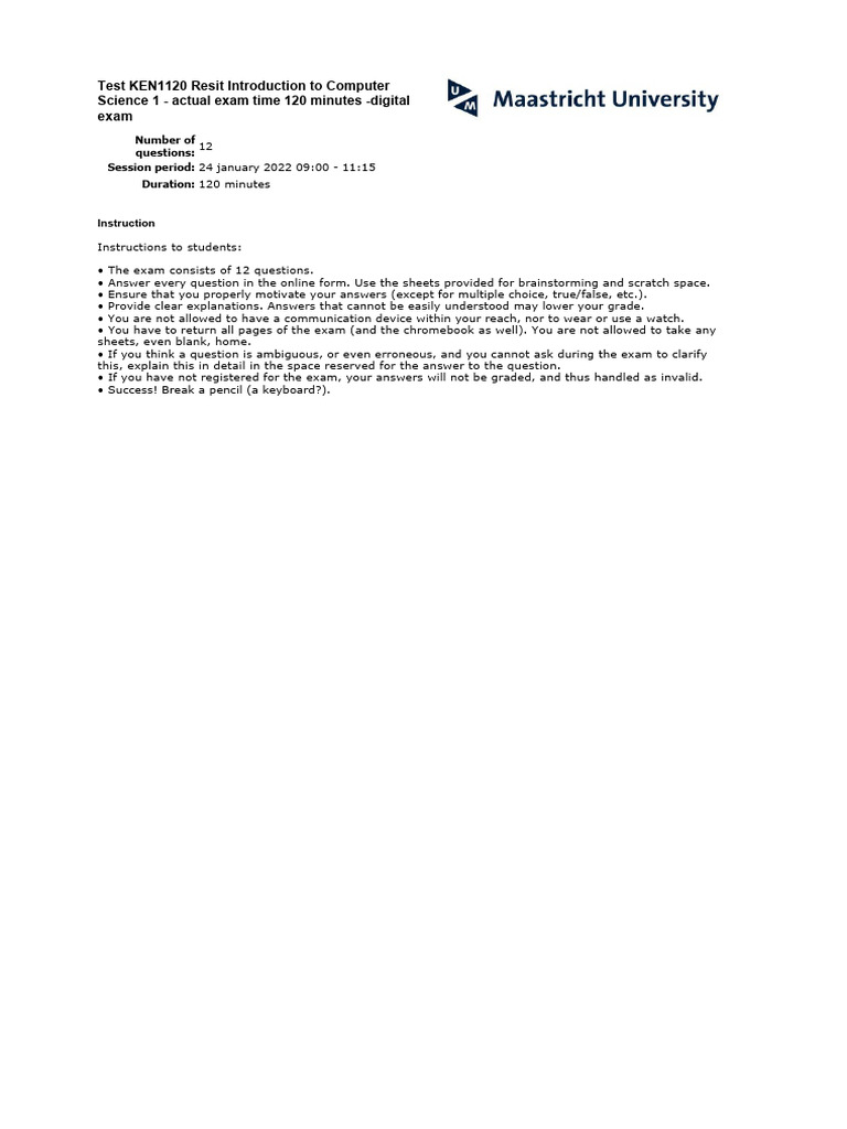 Test KEN1120 Resit Introduction To Computer Science 1 - Actual Exam ...