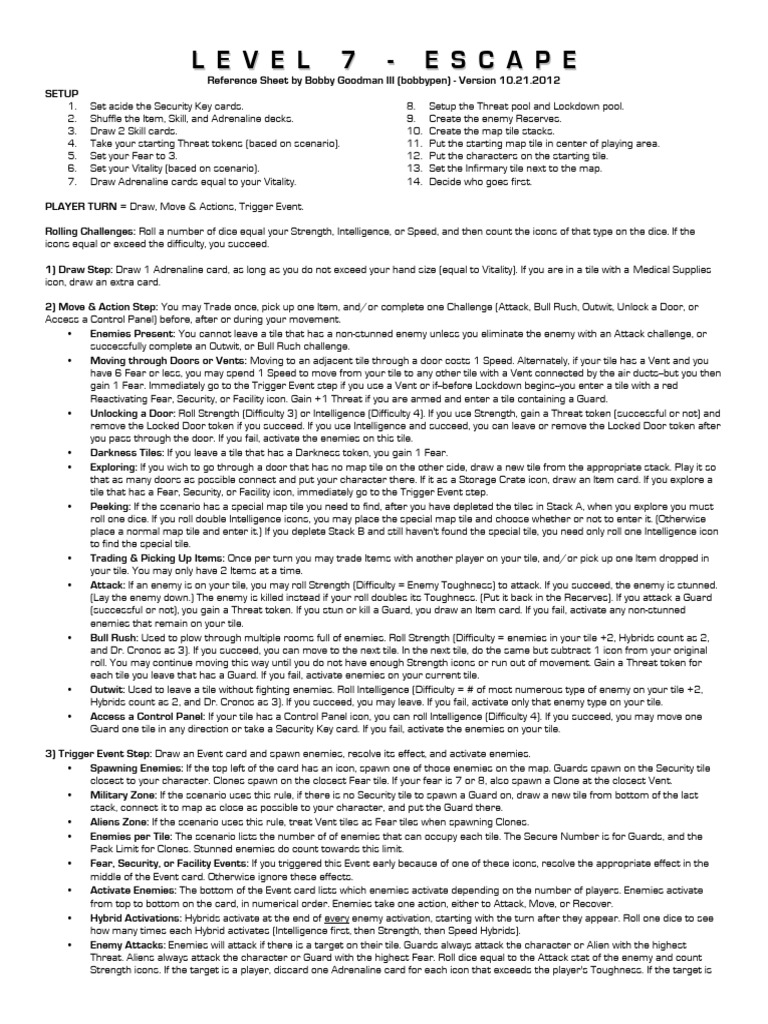 Level 7 Escape Reference Sheet v2 | PDF | Gaming | Tabletop Games