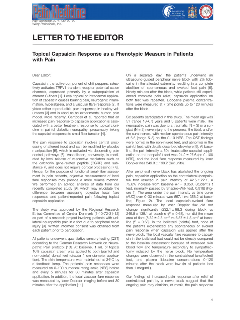 Capsaicin Pain Response in Neuropathy | PDF | Pain | Peripheral Neuropathy