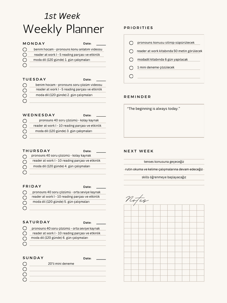 1st Week Planner - 054900 | PDF