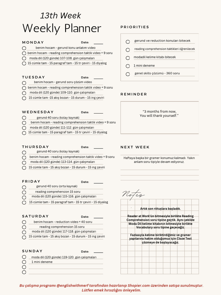 13th Week Planner - 054940 | PDF