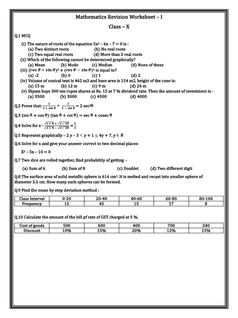 Mathematics Revision Worksheet 1 X | PDF