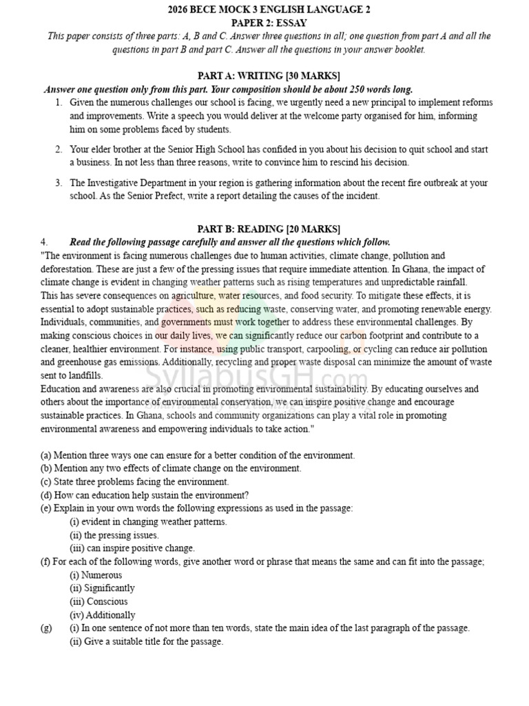 2026 Bece Mock 3 English Language 2 | PDF | Climate Change | Natural ...