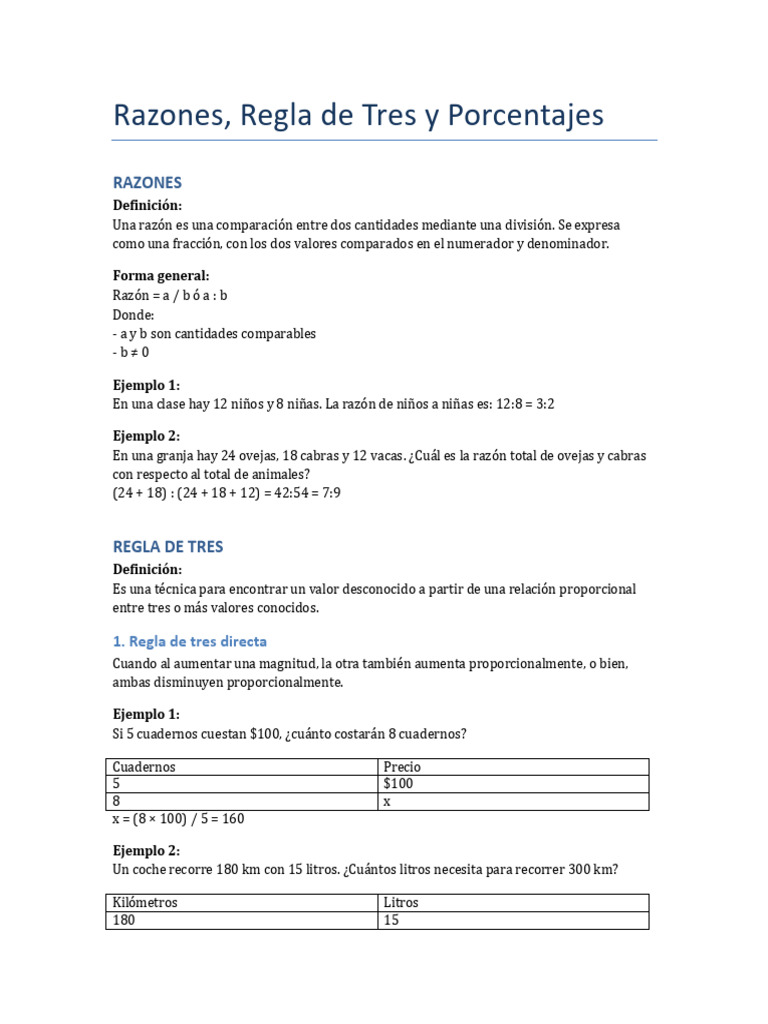 Razones, Porcentajes y Regla de Tres | PDF | Porcentaje