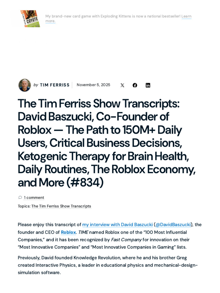 David Baszucki Roblox Author Tim Ferris | PDF | Breathing | Ketogenic Diet