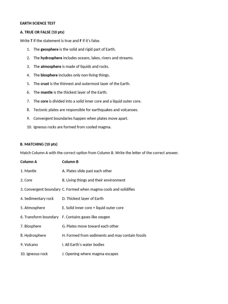 Earth Science Test | PDF | Earth Sciences | Rock (Geology)