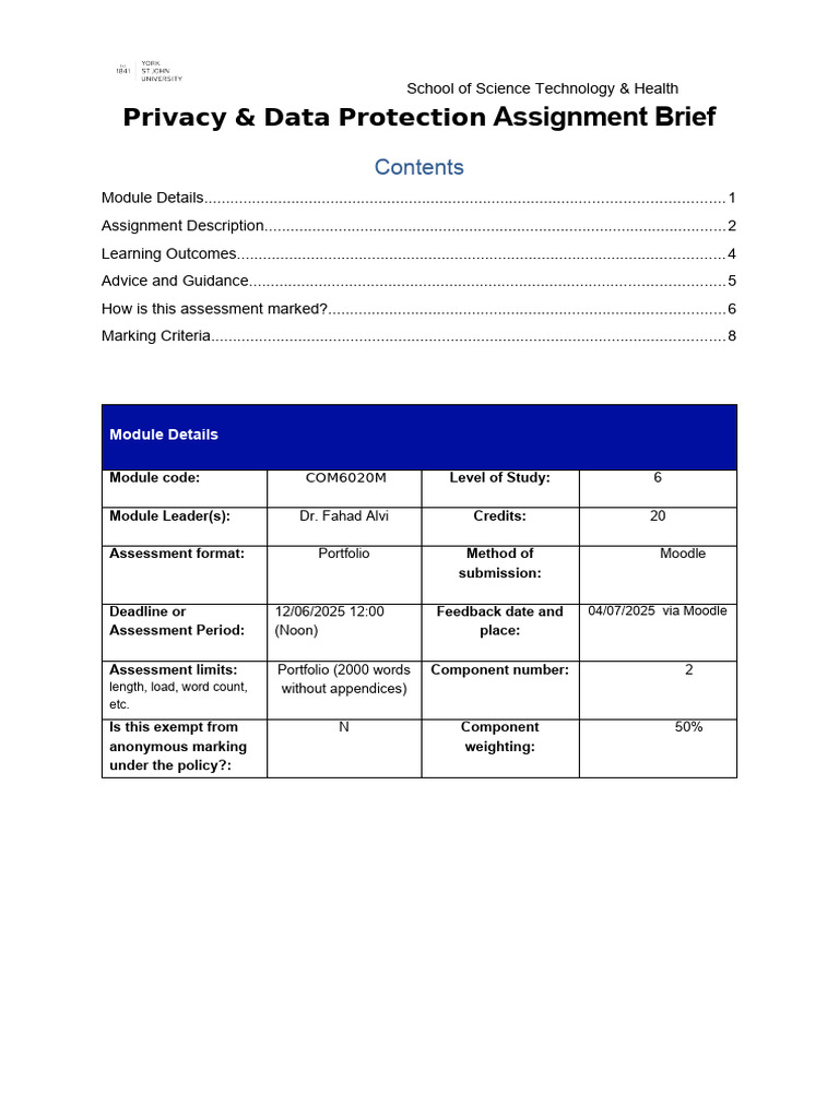 COM6020M Privacy Data Protection Assignment Brief CW2 - Tagged | PDF ...