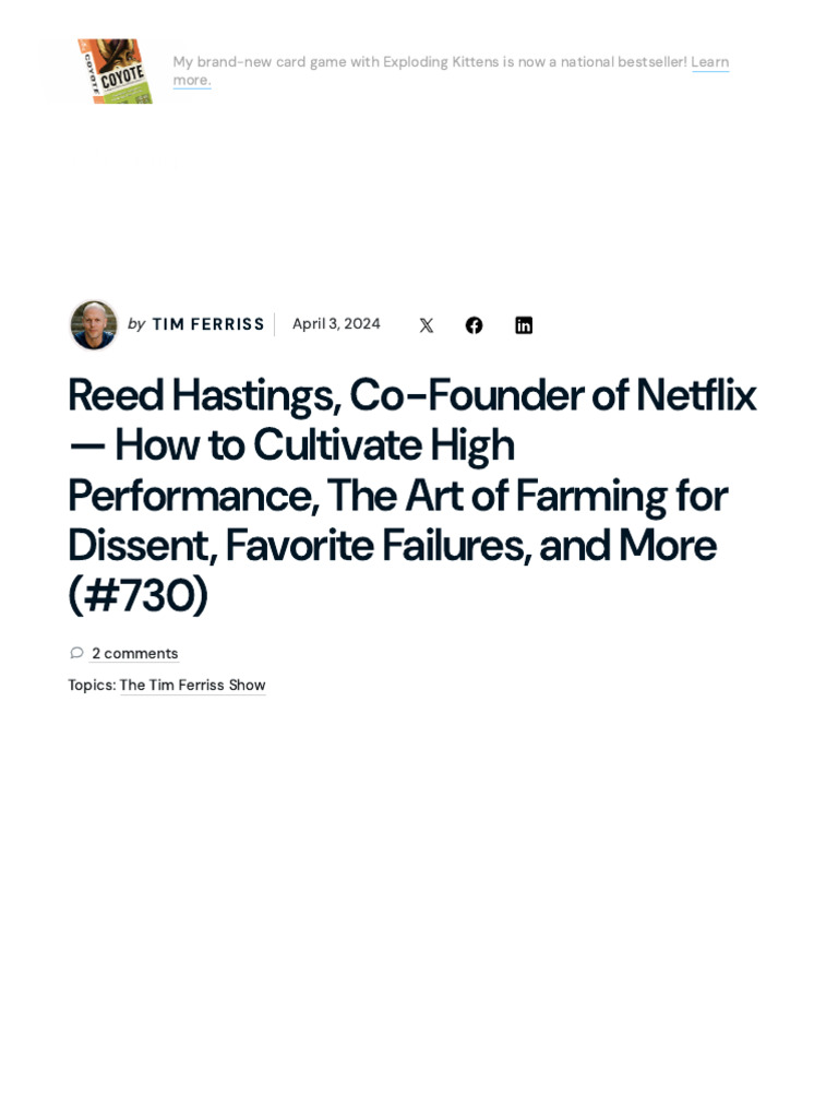 Reed Hastings Co-Founder of Netflix Author Tim Ferriss | PDF