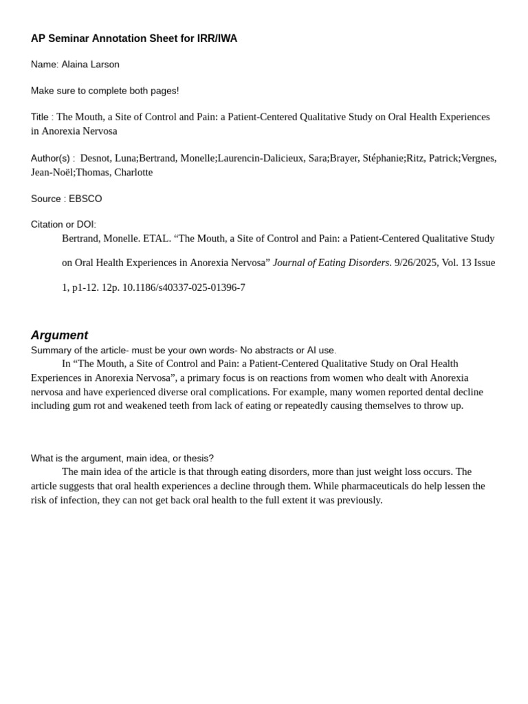 Argument: AP Seminar Annotation Sheet For IRR/IWA | PDF