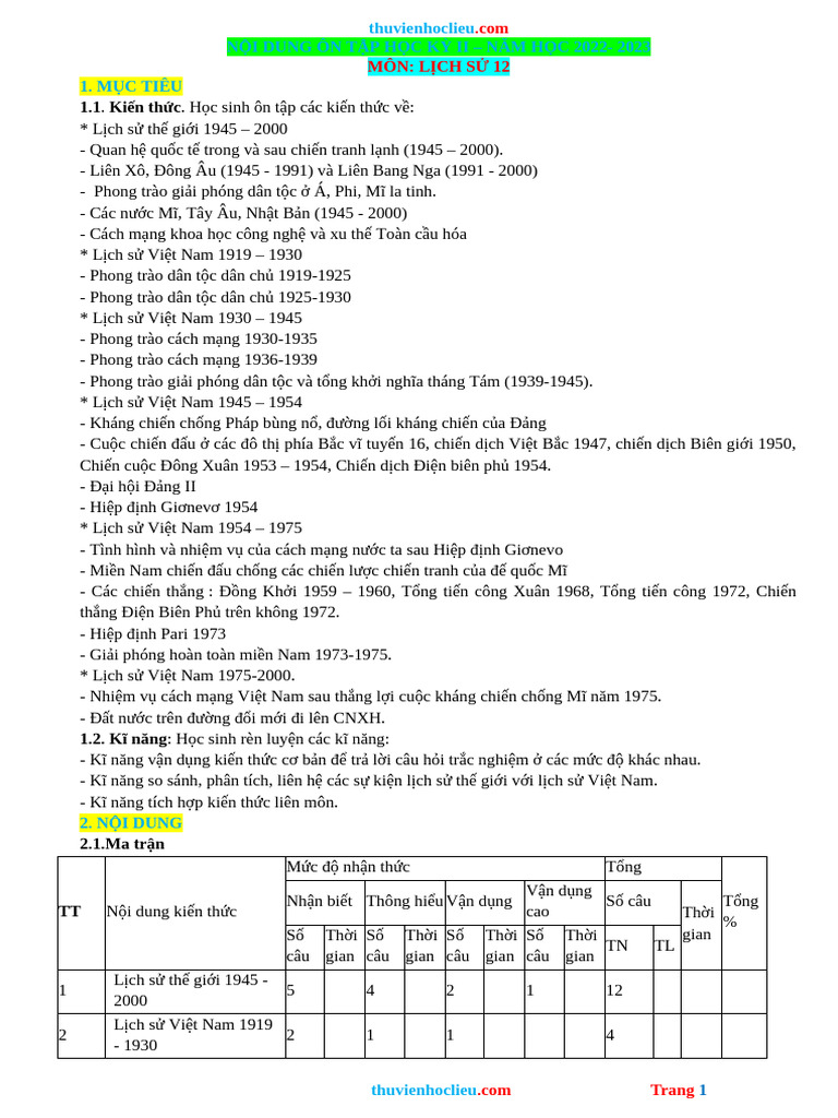 Noi Dung On Tap Lich Su 12 HK2 Nam 22 23 | PDF