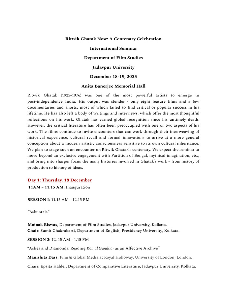 Ritwik Ghatak Centenary Seminar 2025 | PDF