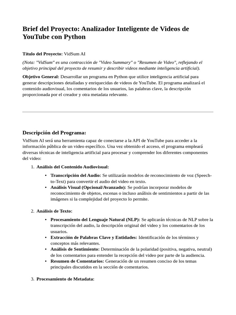 Brief Para Analizador Inteligente de Videos de YouTube Con Python | PDF ...