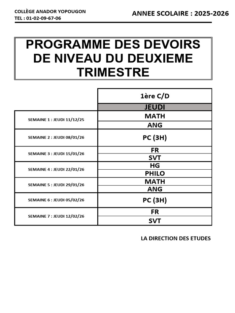 Programme des Devoirs 2025-2026 | PDF