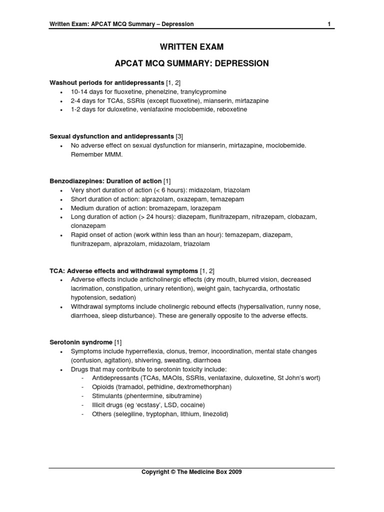APCAT MCQ Summaries Depression | PDF | Antidepressant | Midazolam