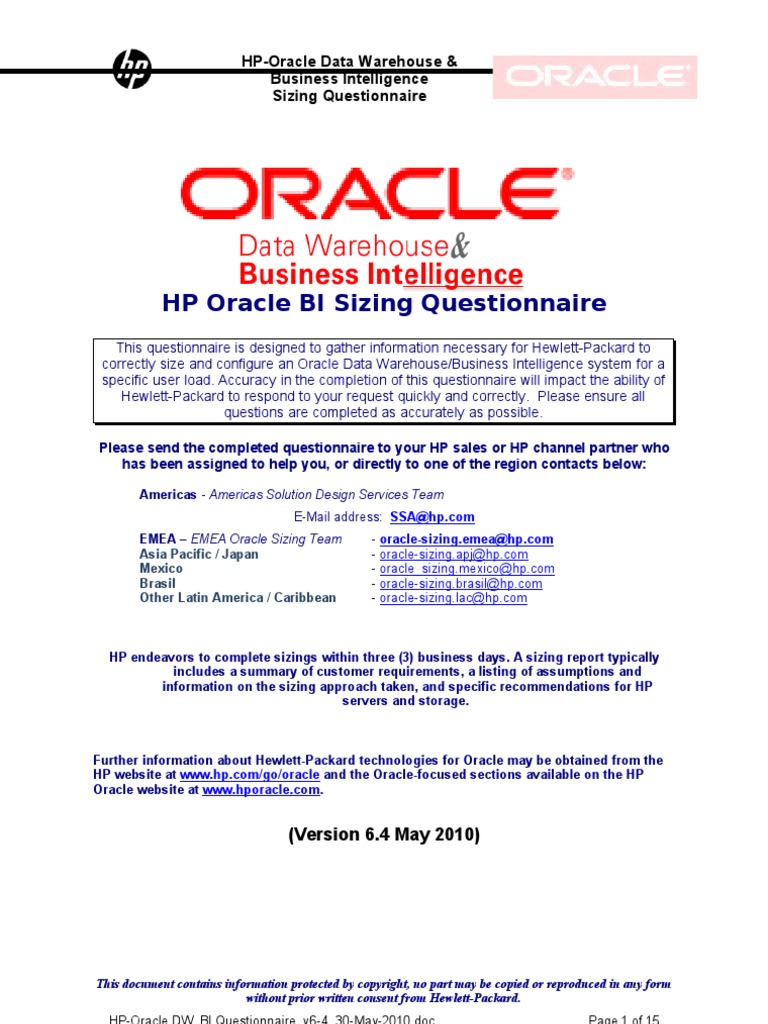 Hp Oracle Dw Bi Sizing Questionnaire Pdf Data Warehouse Business Intelligence