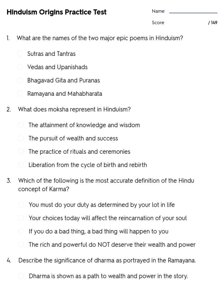 Hinduism Origins and Concepts Quiz | PDF | Moksha | Brahman