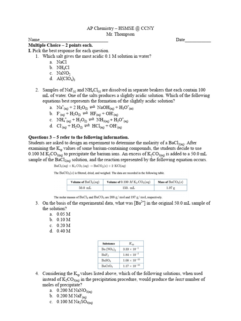 AP. Chem Test(Ch. 14-16)_2025.doc | PDF | Solubility | Analytical Chemistry