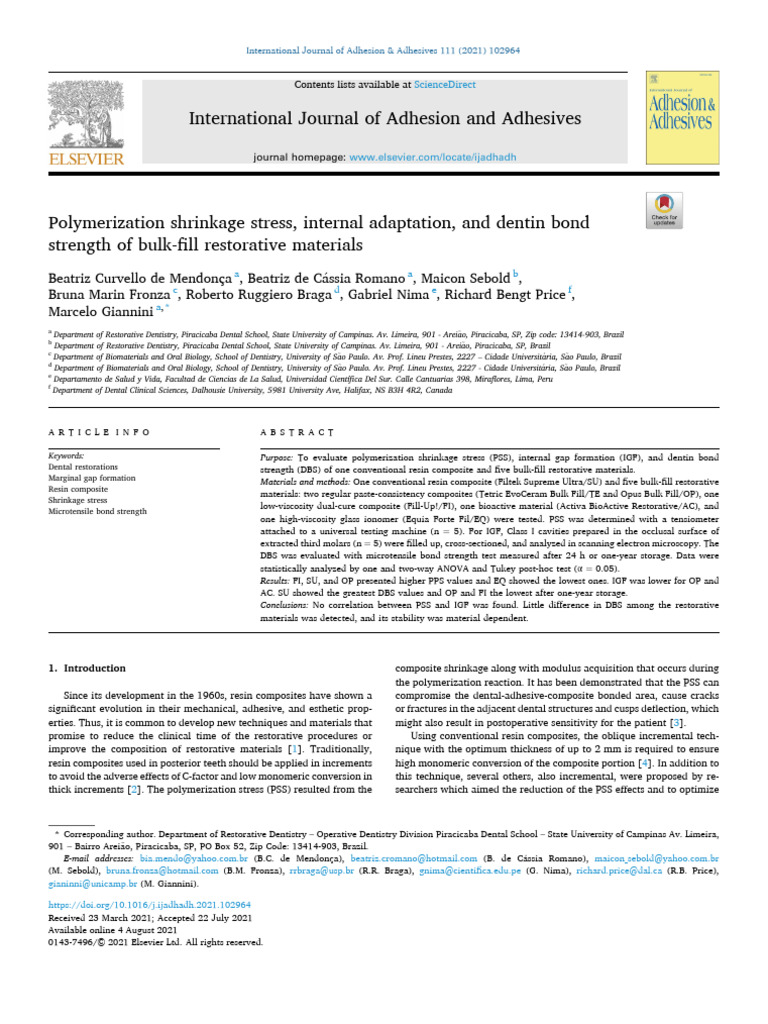 Polymerization Shrinkage Stress, Internal Adaptation, and Dentin Bond | PDF