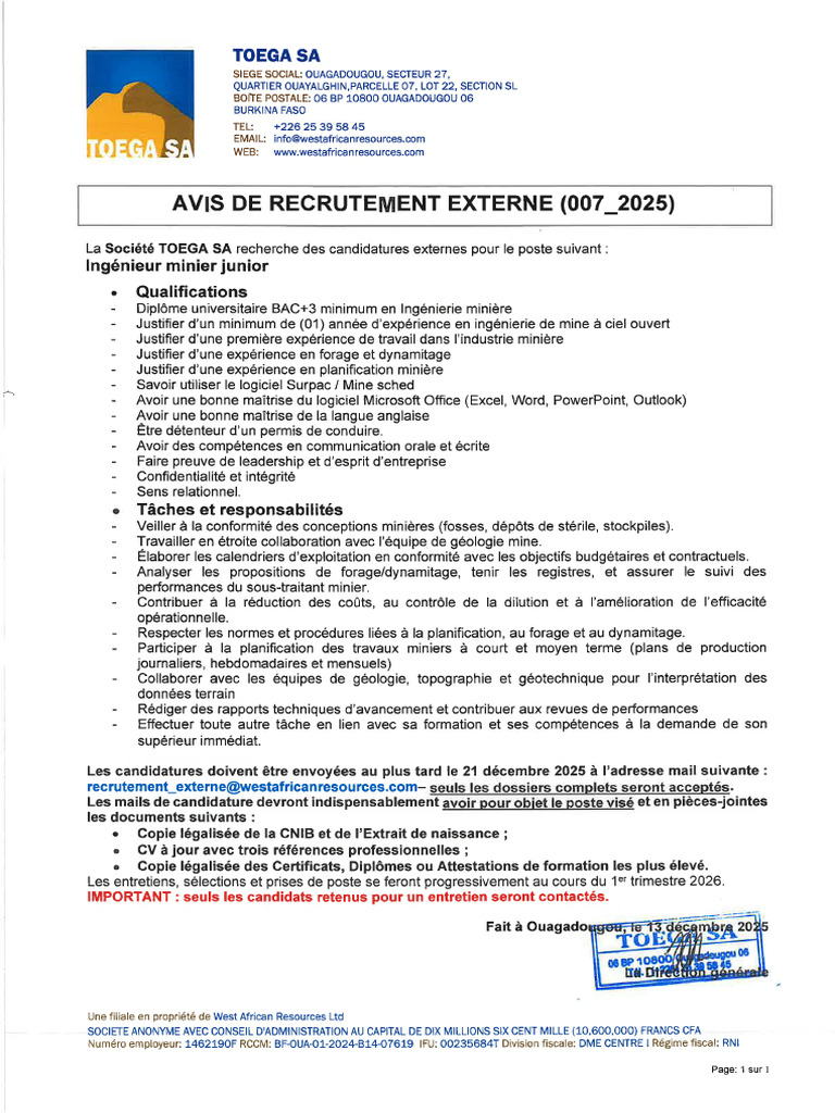 Toega Recrutement Externe - 007 - 2025 Ingenieur Minier Junior | PDF