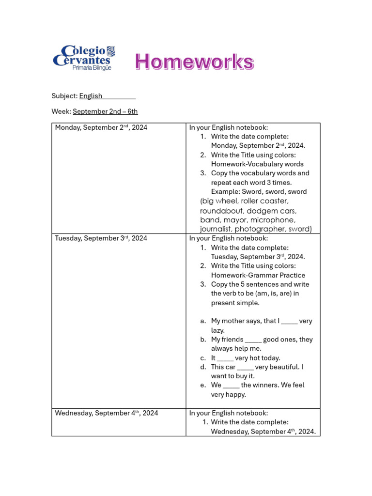 Weekly English Homework Plan | PDF