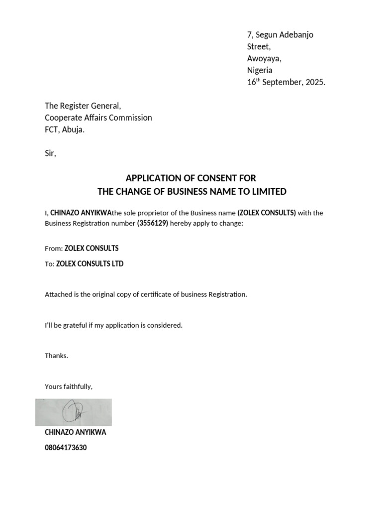 Business Name Change Application Letter | PDF