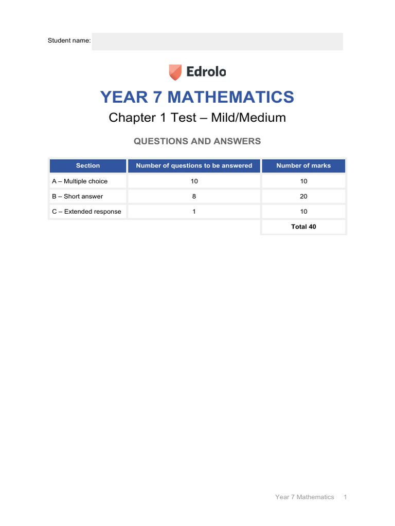 Assessment Year 7 Mathematics Chapter 1 Test Mild Medium Edrolo | PDF ...