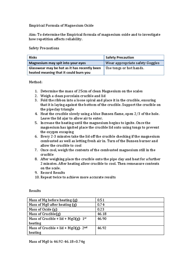 Empirical Formula of Magnesium Oxide | PDF | Magnesium | Combustion