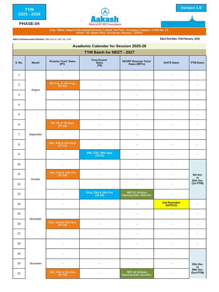 NEET 2027 Academic Calendar 2025-26 | PDF | Battles | Military Operations