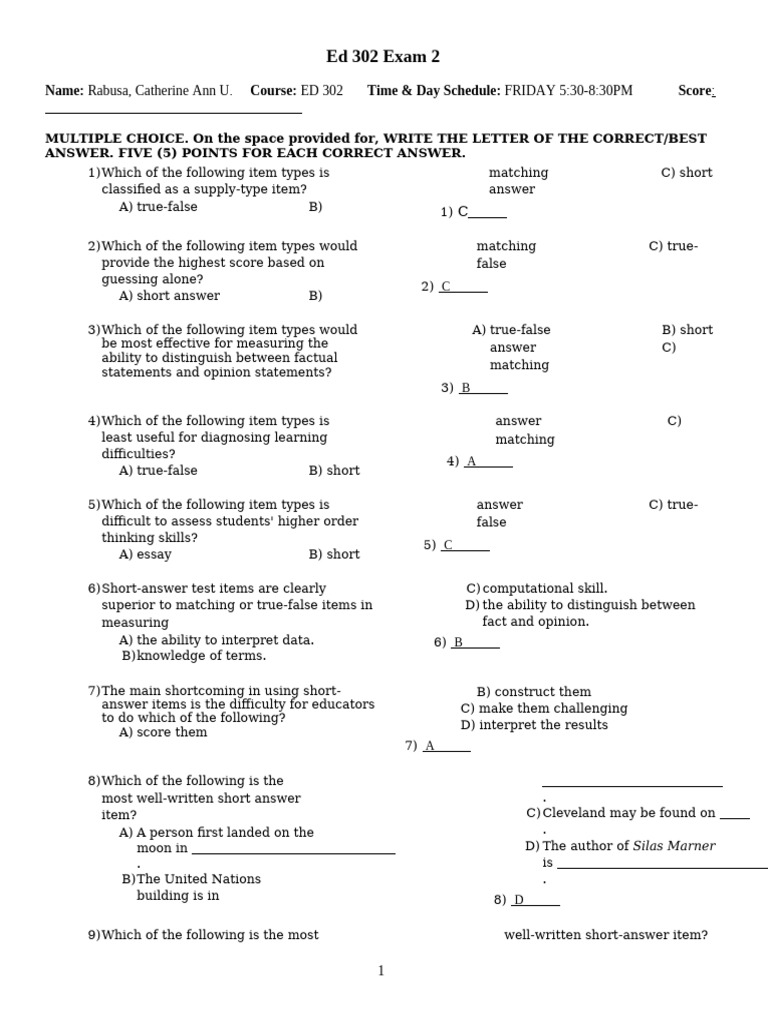 Ed 302 Exam 2 Nov 25 | PDF | Multiple Choice | Educational Assessment