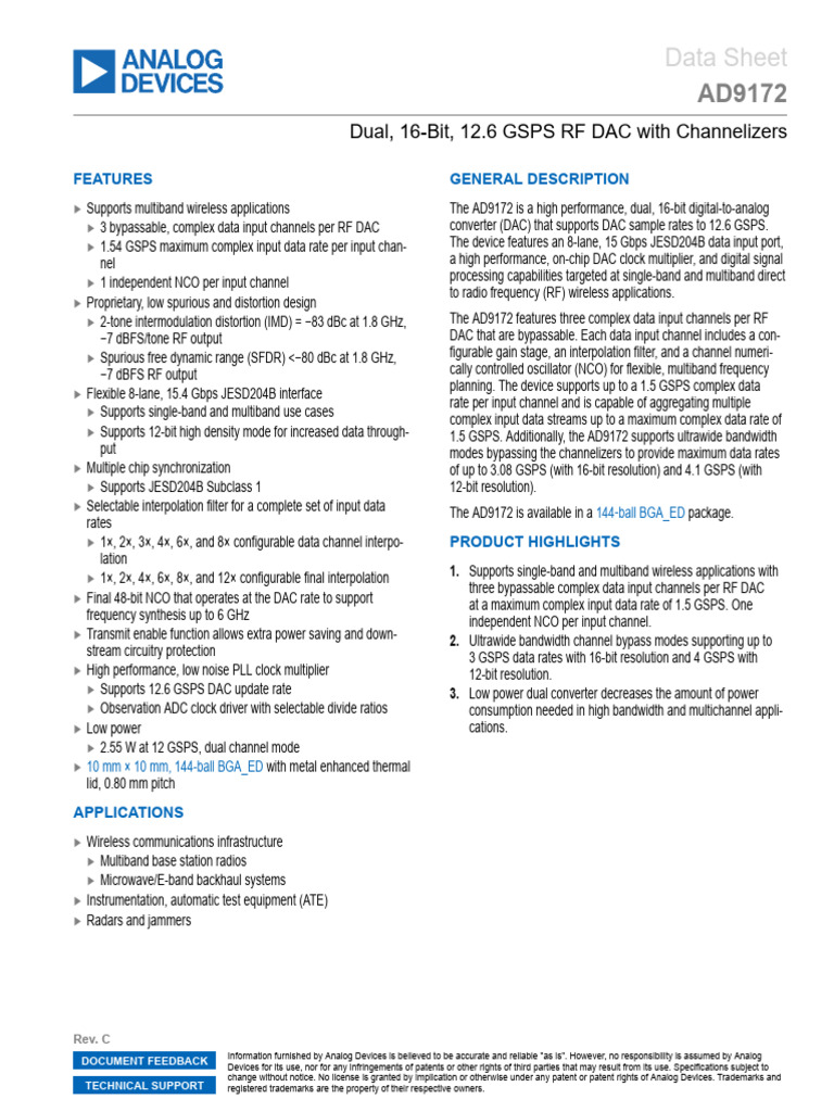 AD9172 Dual 16-Bit RF DAC Data Sheet | PDF | Digital To Analog ...
