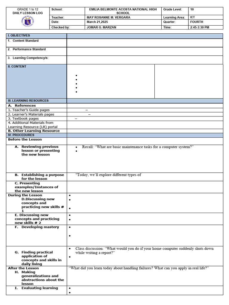 DLL COT 4th ICT 10 2024-2025 | PDF | Educational Technology | Troubleshooting