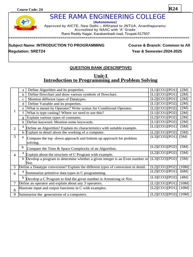 Sret24 Question Bank | PDF | Pointer (Computer Programming) | Computer ...