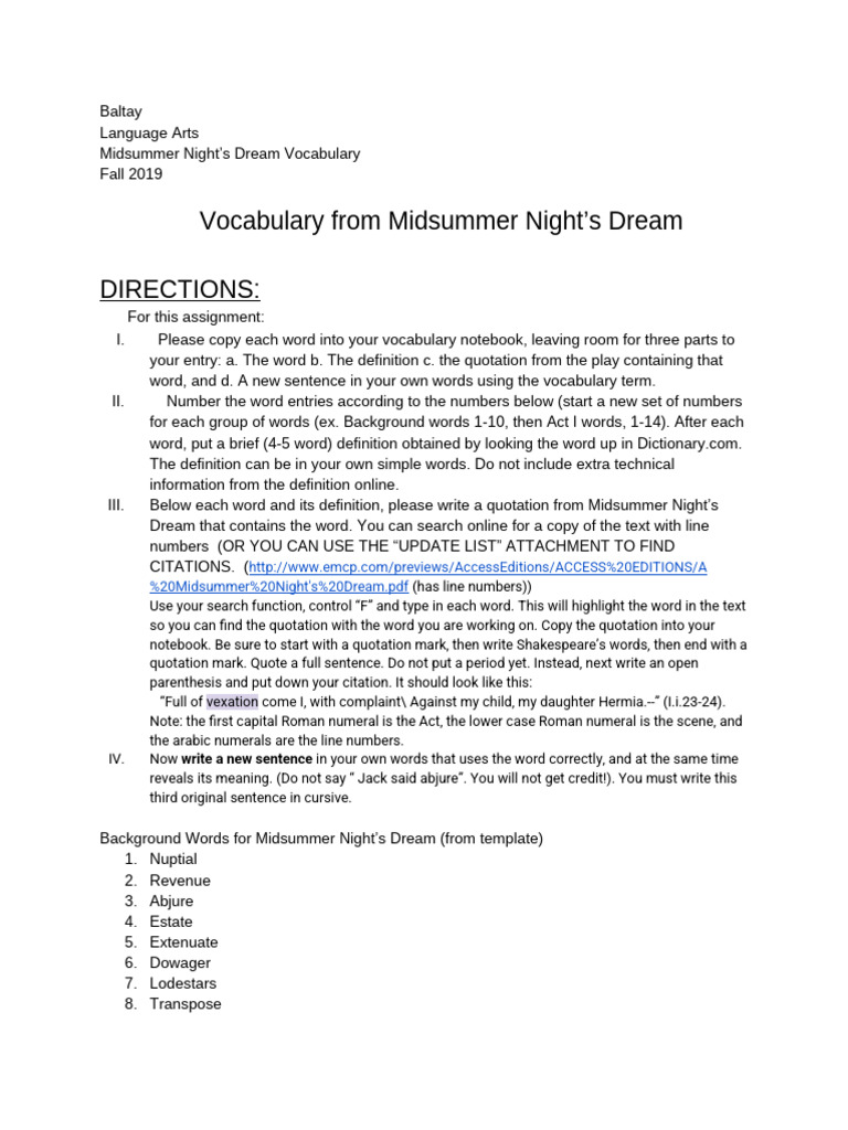 _Vocabulary from Midsummer Night’s Dream - for notebook | PDF ...