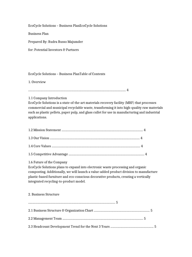 EcoCycle Solutions Business Plan Overview | PDF | Recycling | Waste ...