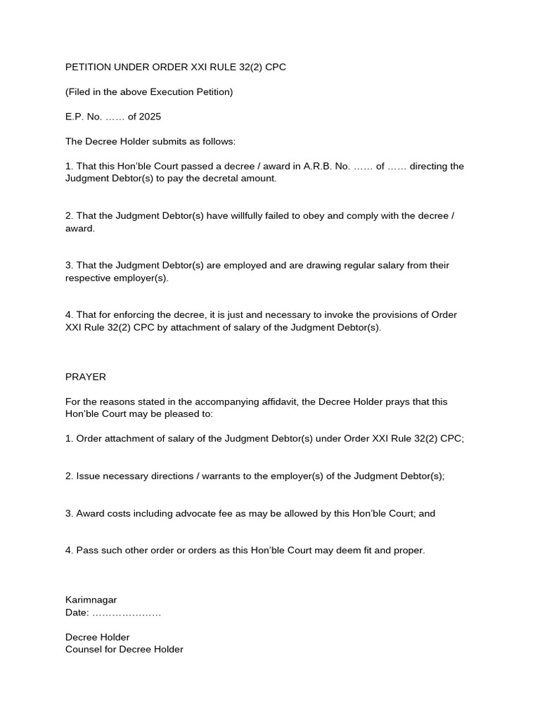 Petition Under Order Xxi Rule 32 (2) CPC | PDF